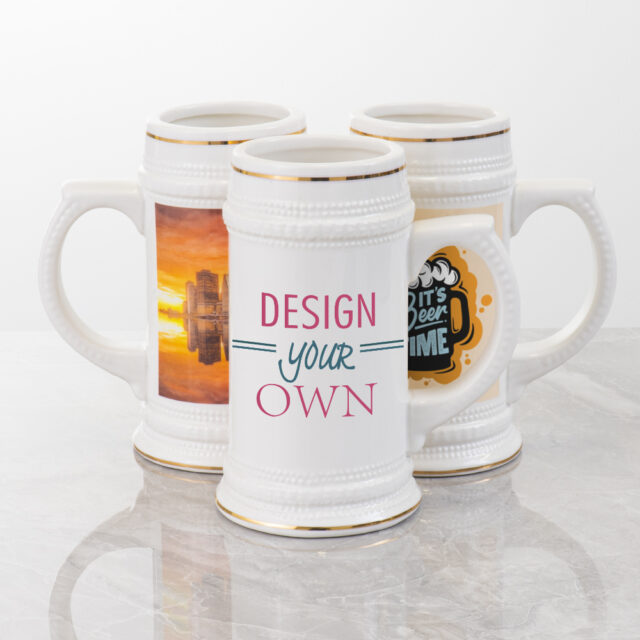 Custom 22 oz Ceramic Beer Stein | Personalized Gold Rim Beer Glass ...