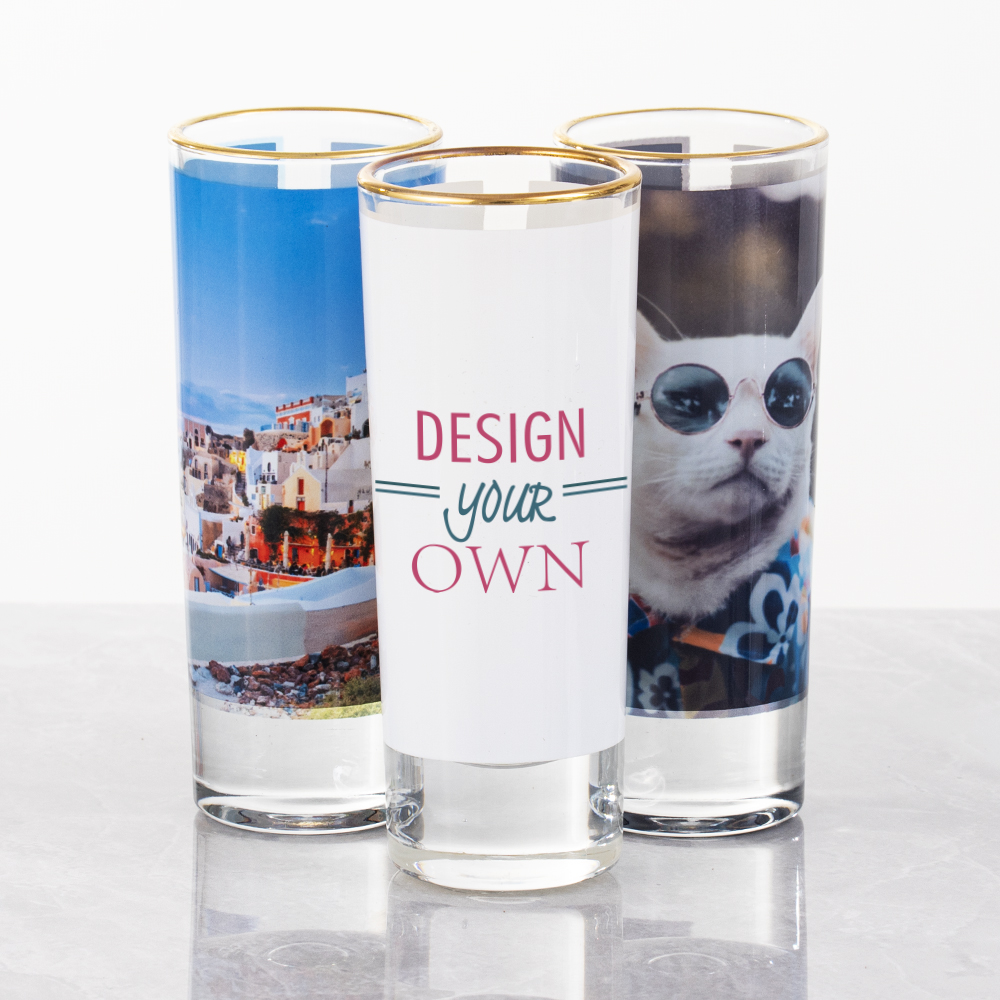 Tall customized Shot Glasses 2.0 oz with Gold Rim in Bulk | Vivoprint